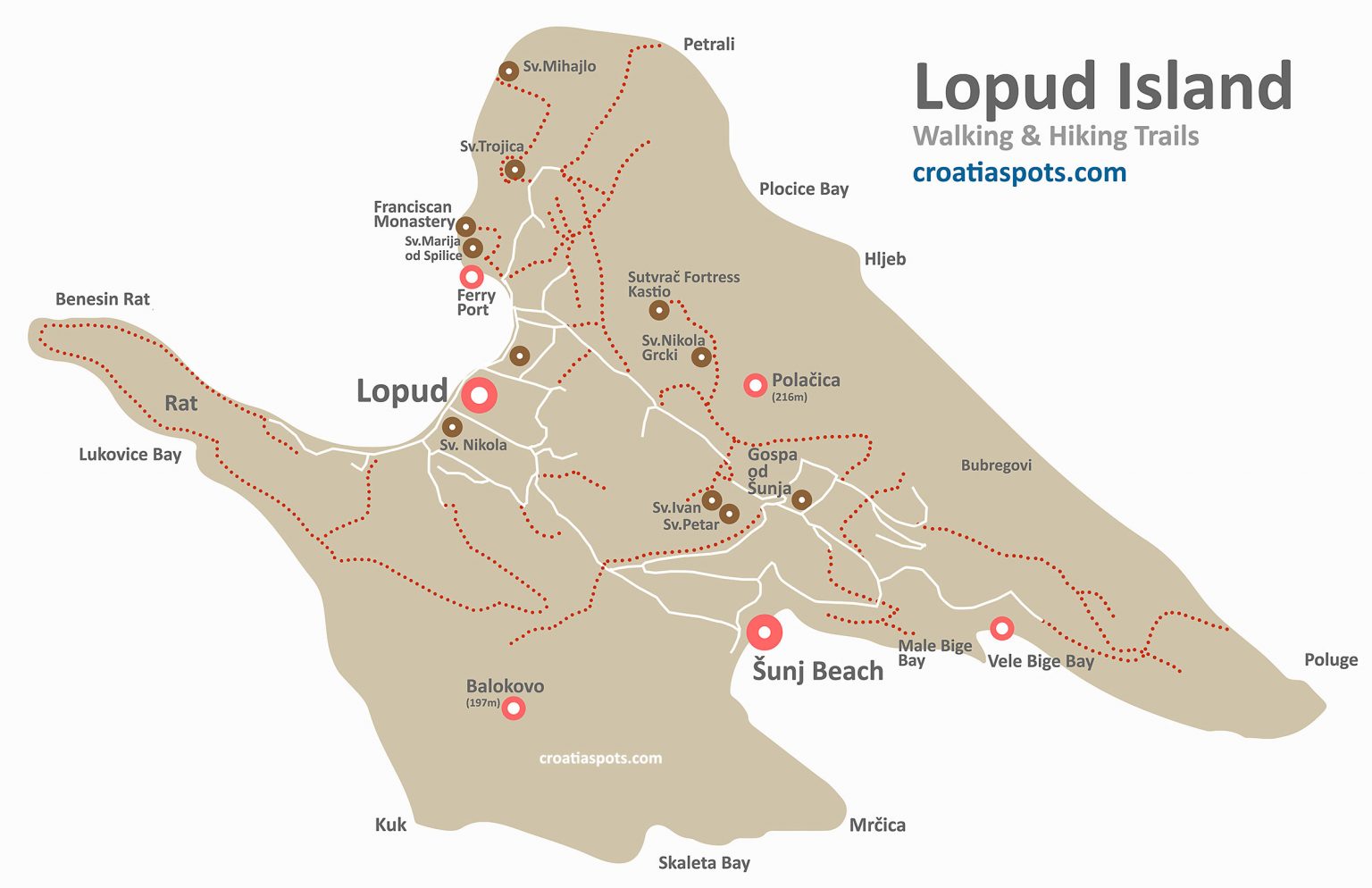 Lopud Island Map: Walking/Hiking trails & Šunj Beach Map